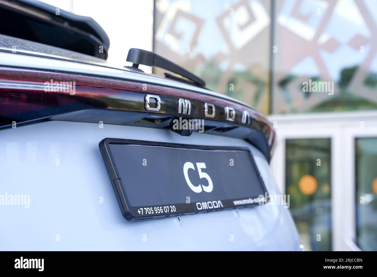 Almaty, Kazakhstan - August 17, 2023: The rear of the Omoda C5 car with ...
