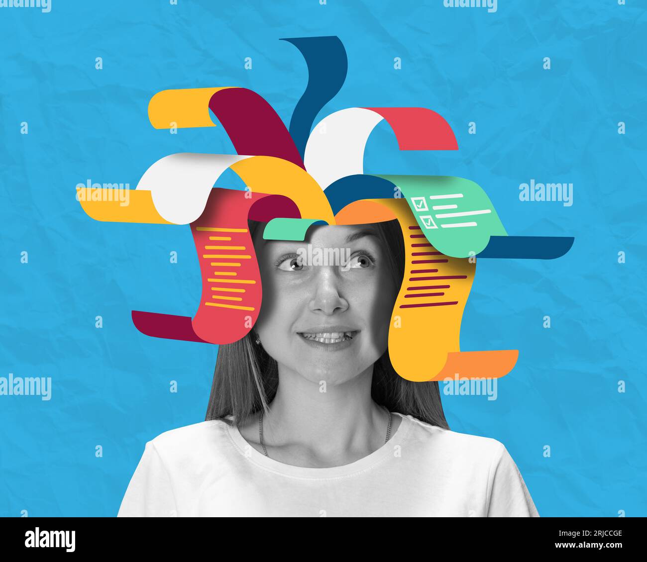 Contemporary art collage. Open black and white woman head with colorful ...