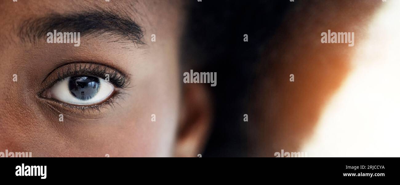 Eyes, closeup and portrait of African woman with mockup space for focus ...