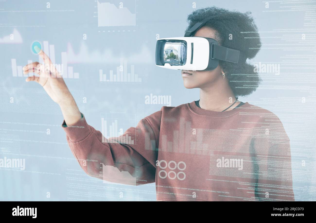 Virtual reality, hologram statistics and woman in studio with user ...