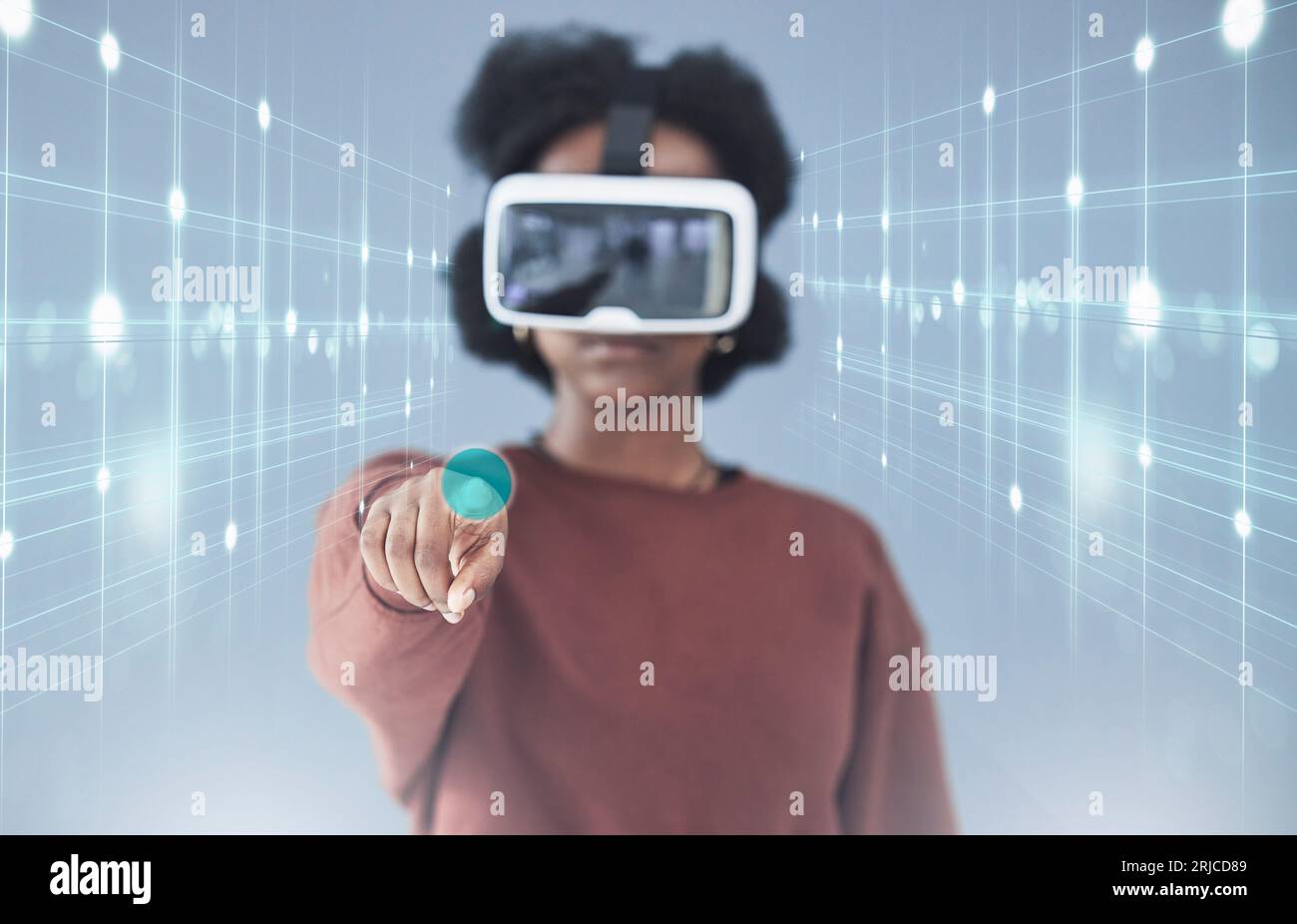 Virtual reality, hologram and woman in studio for biometrics, metaverse ...