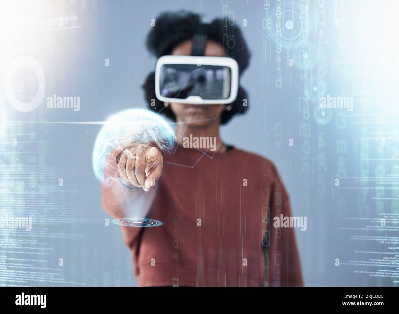 Black woman, VR and hand on hologram in global communication ...