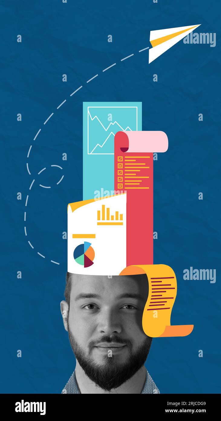 Contemporary art collage. Man with open black and white head with ...