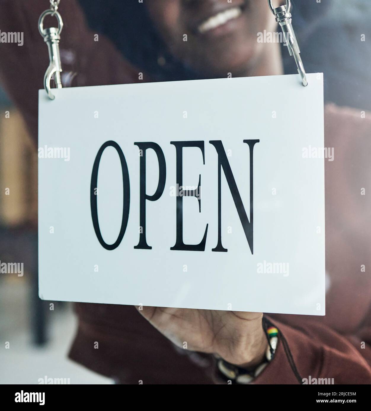 Store, window or open sign by happy person for small business, startup ...