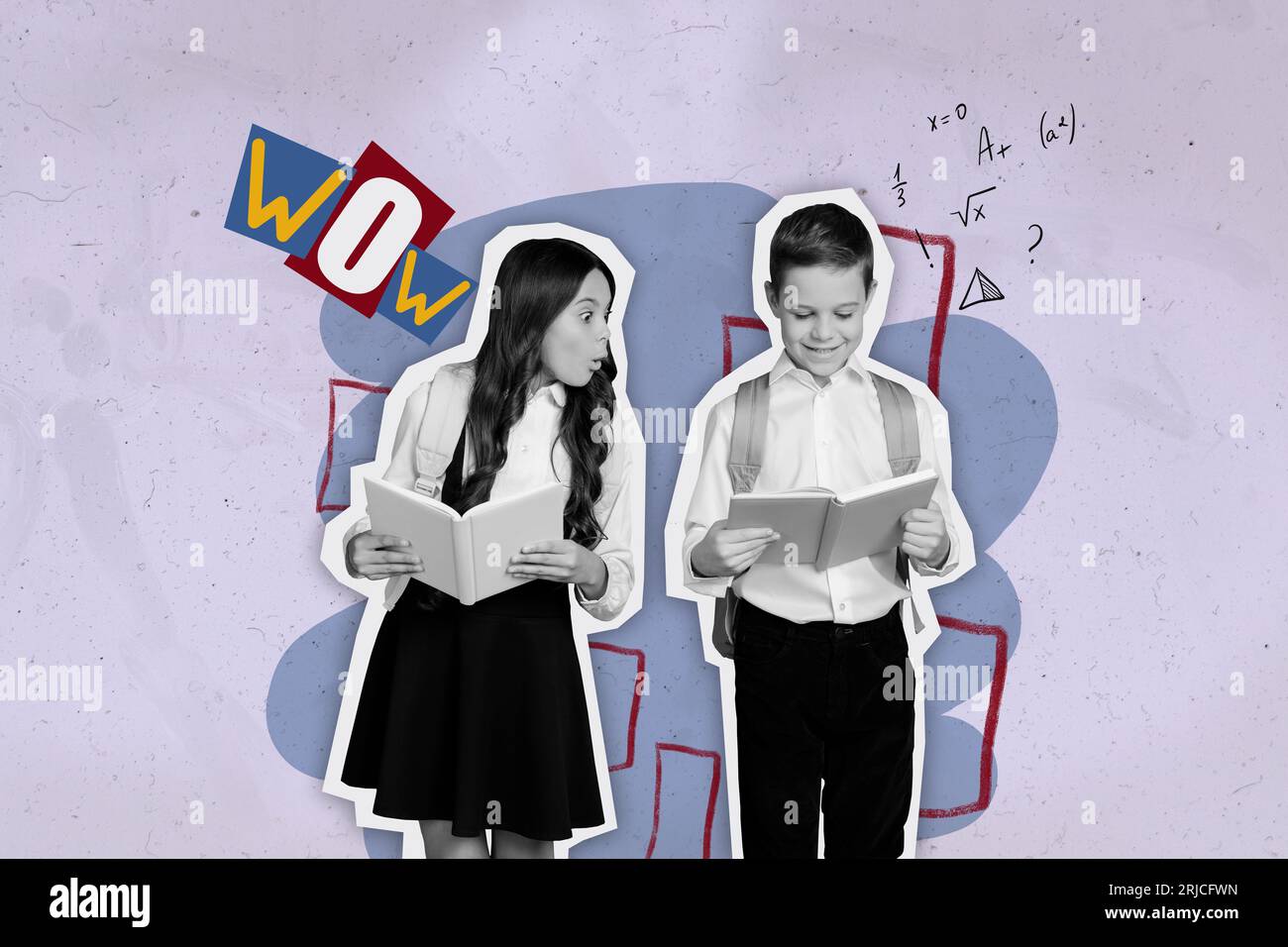 Image collage artwork poster of surprised amazed girl hold copybook ...