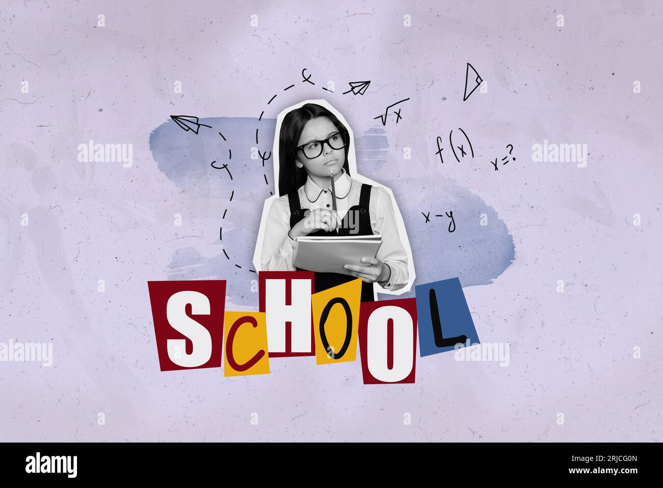 Banner picture photo magazine collage of minded pensive diligent girl solving math exercise ...