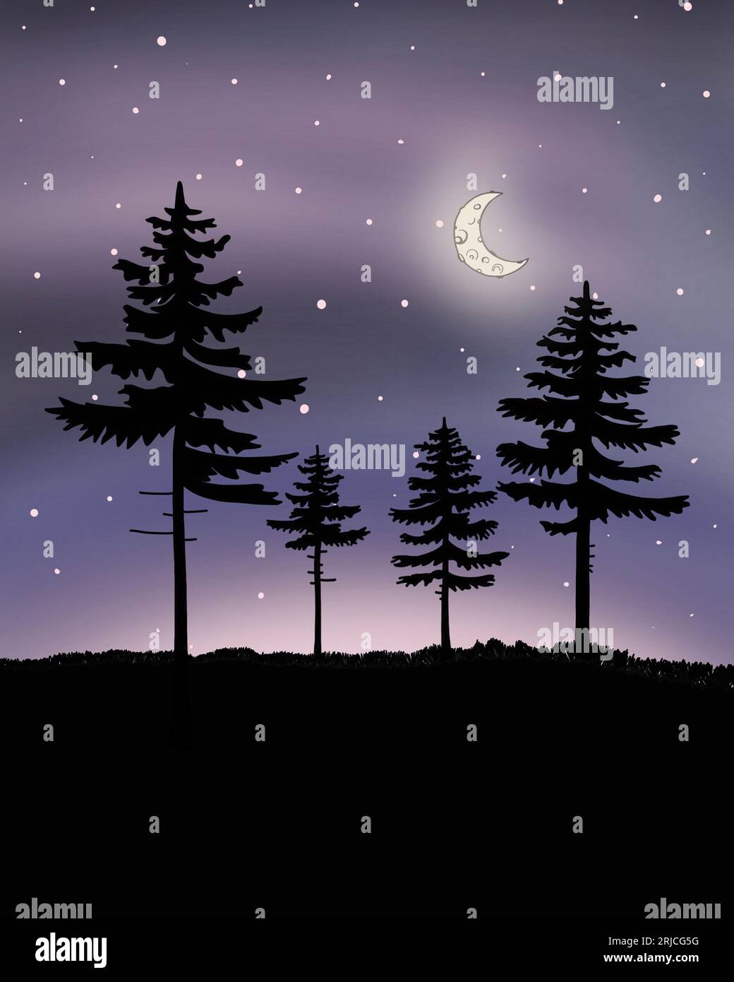Silhouette drawing of tall trees against the night sky with the moon and stars vast across the ...