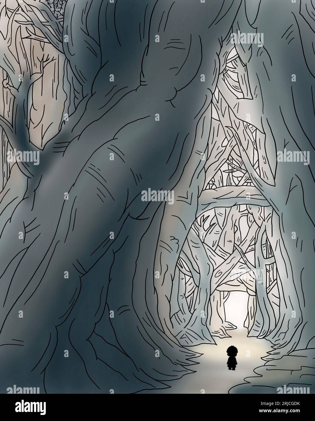 Abstract silhouette cartoon drawing of a boy wandering through the deep ...