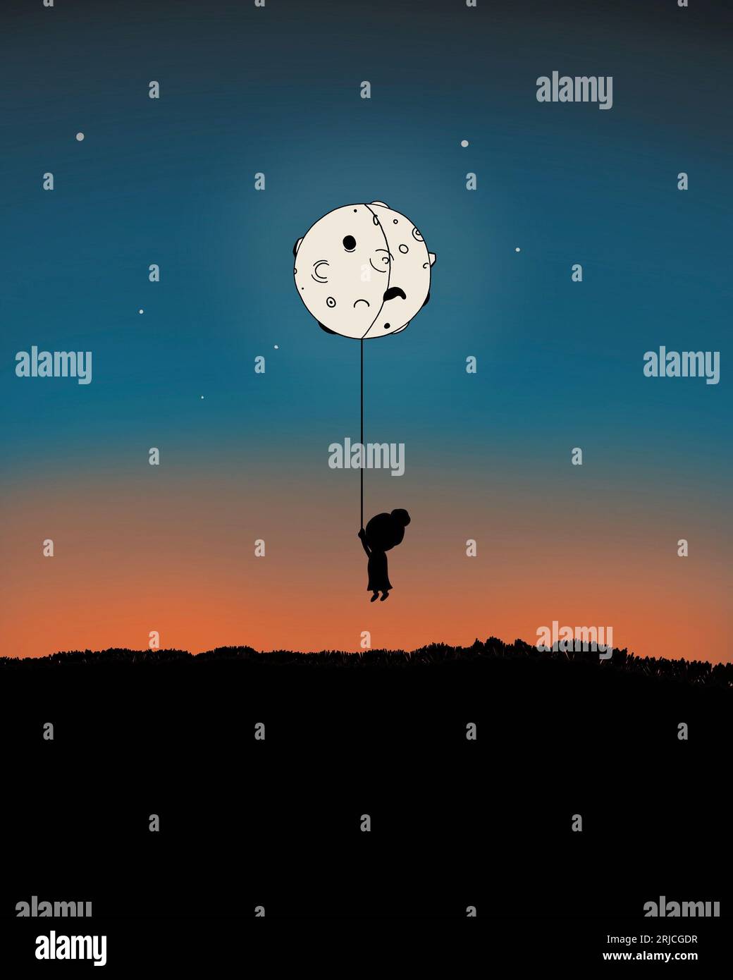 Abstract silhouette drawing of a girl floating in the sky, holding a ...