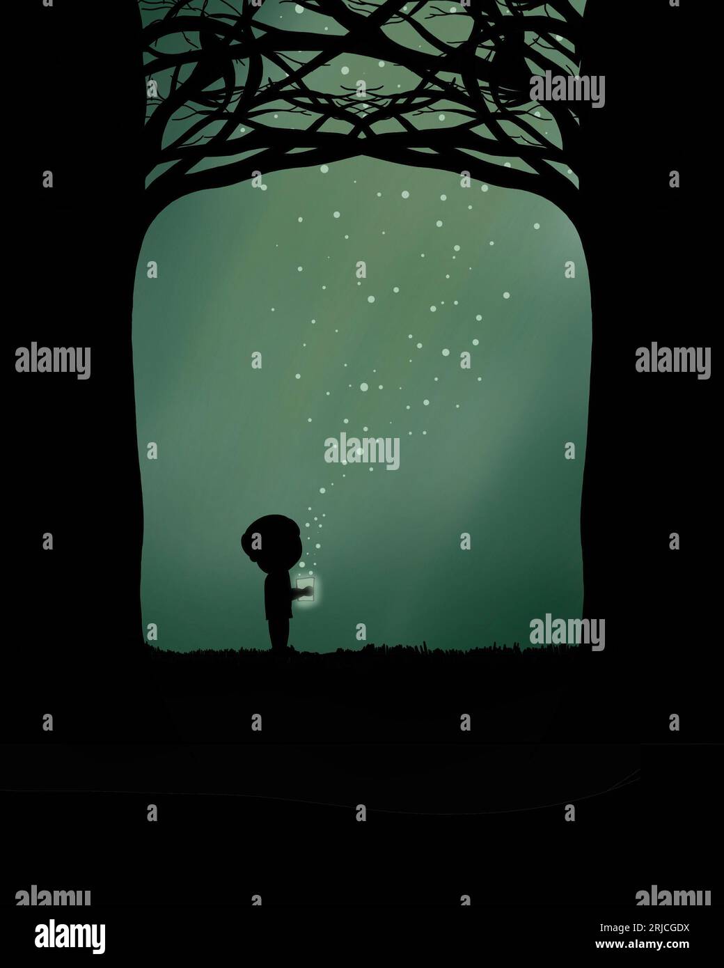 Abstract silhouette cartoon drawing of boy releasing fireflies in the ...