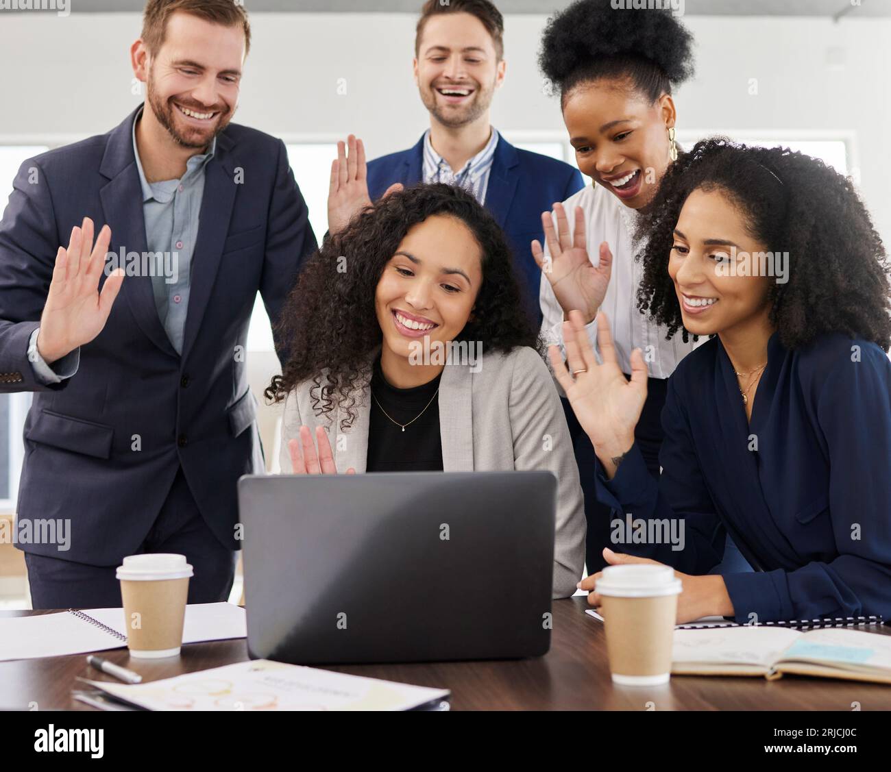 Business people, laptop and video conference, wave hello and diversity ...