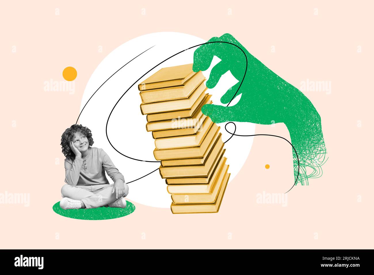 Collage picture of min minded black white colors kid think huge drawing ...