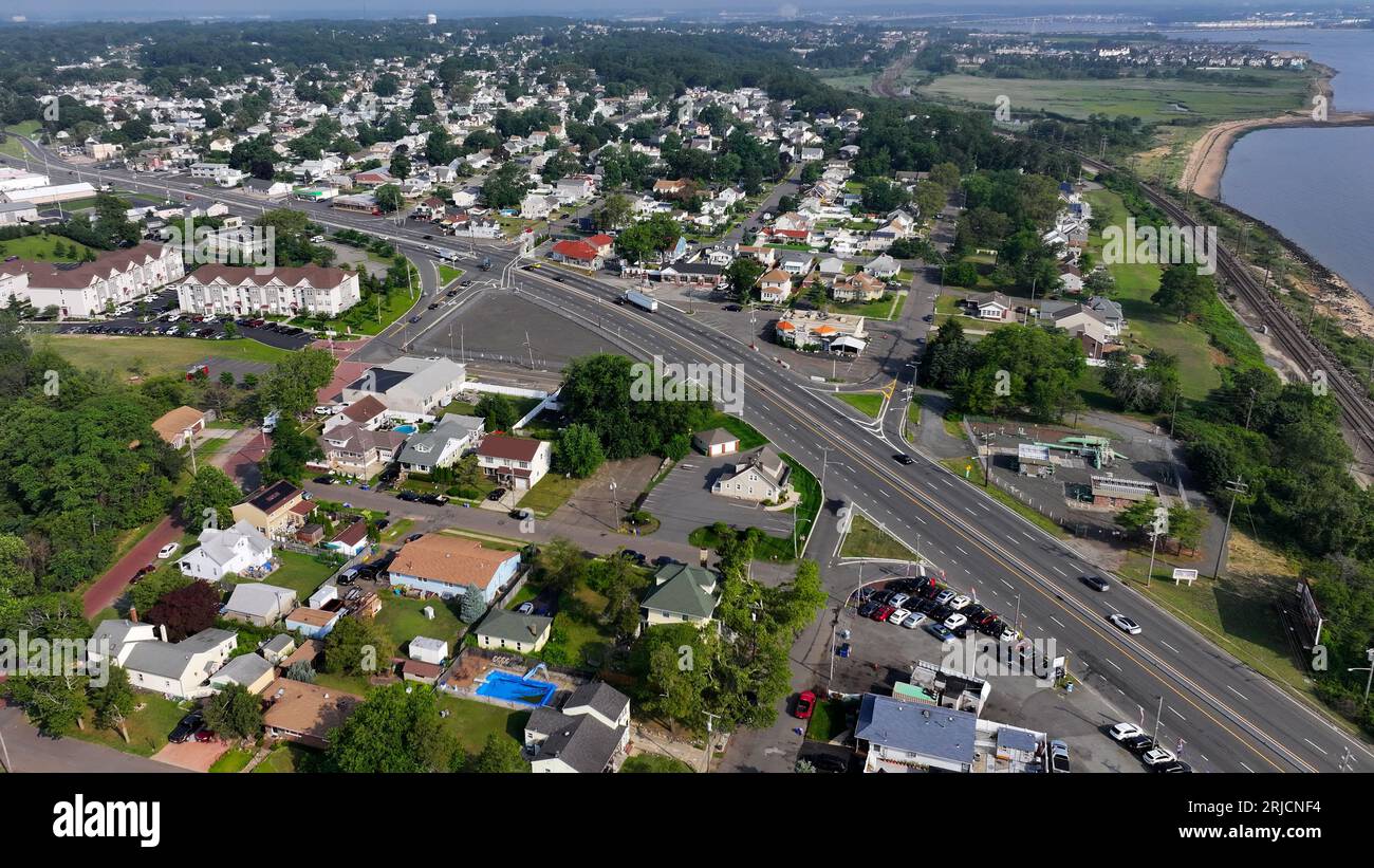 An aerial view of Morgan, New Jersey on the Raritan Bay Stock Photo - Alamy