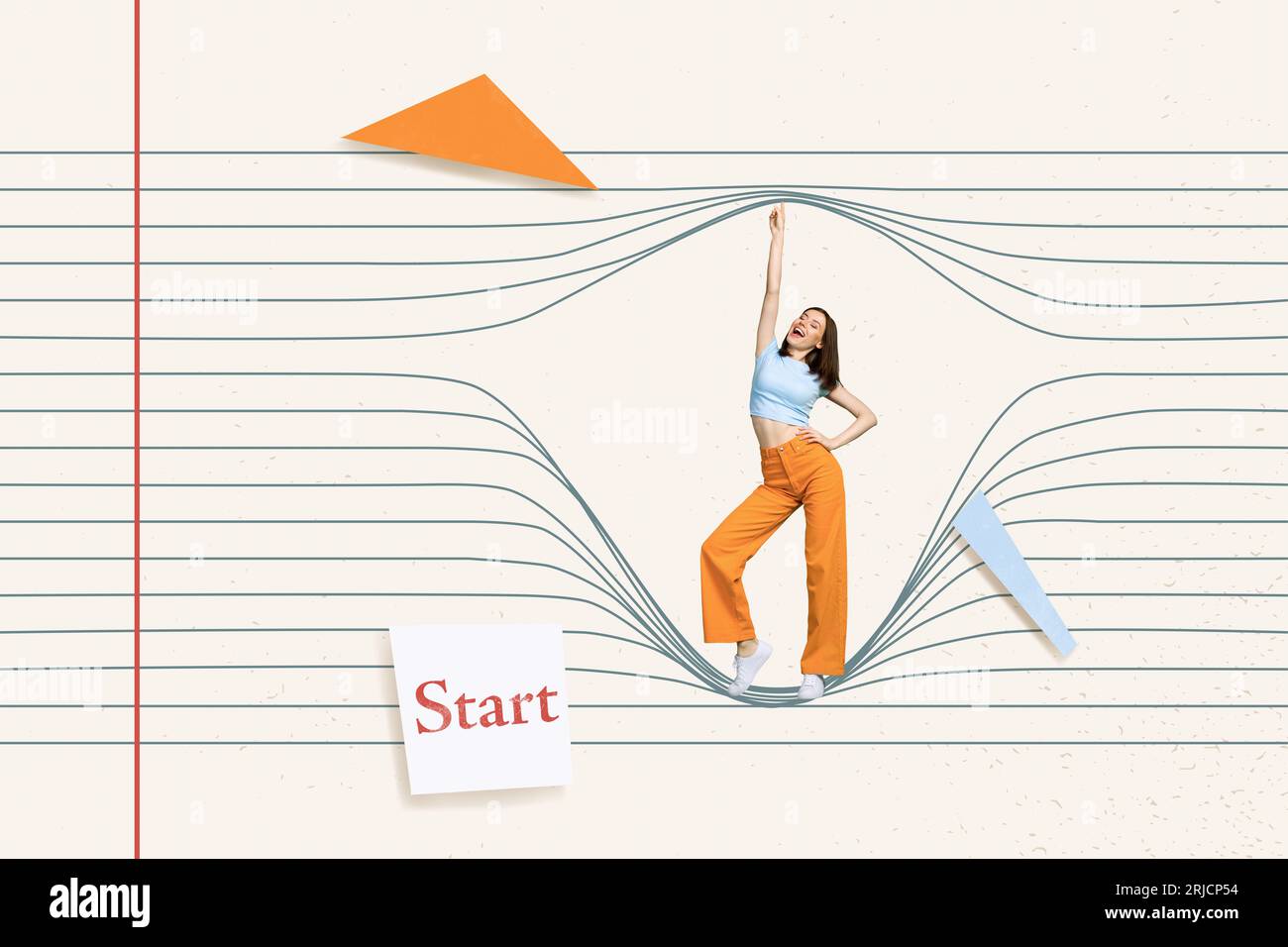 Composite photo illustration collage of carefree woman raising finger ...