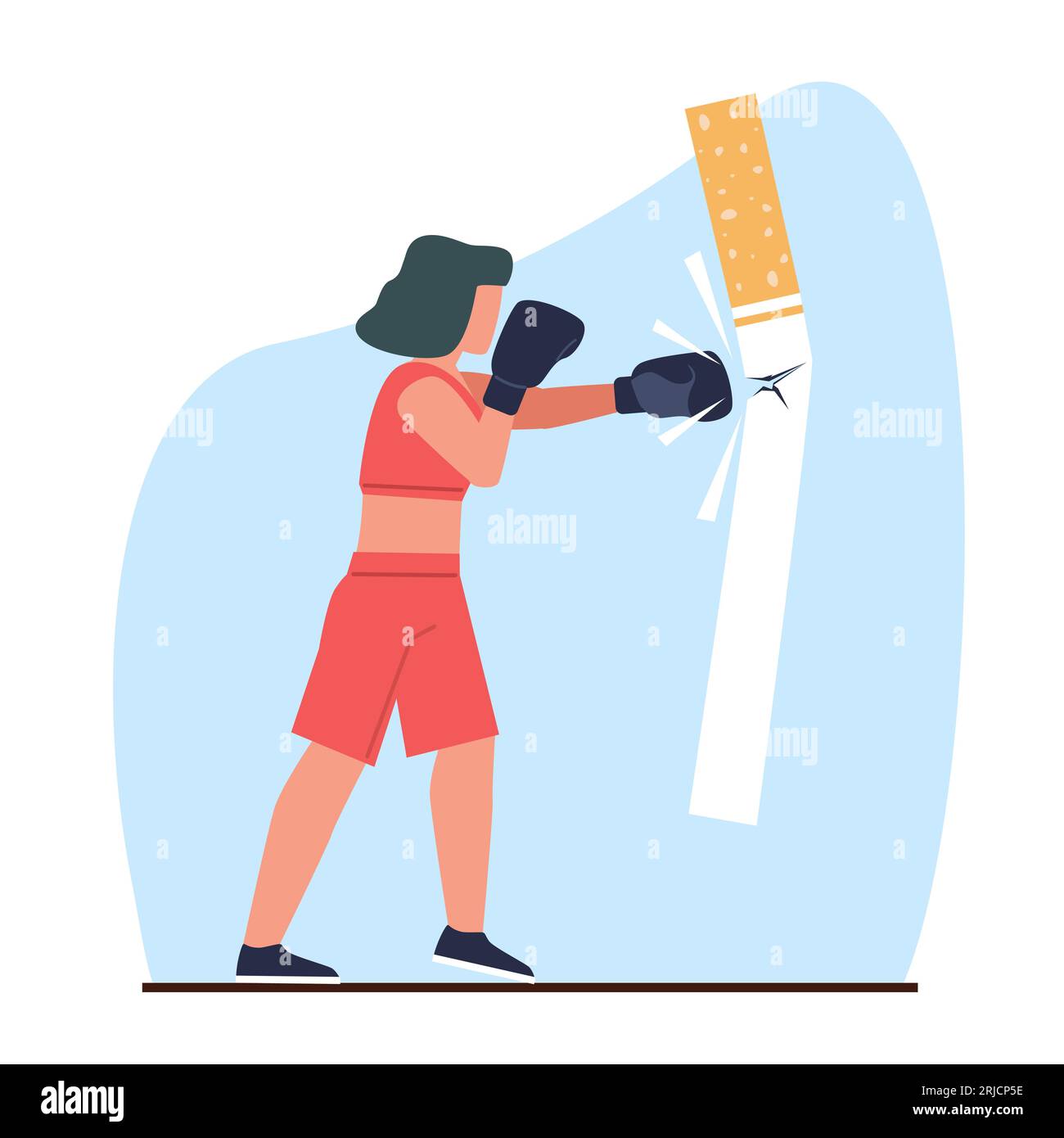 Anti smoking concept, sporty girl hits big cigarette with boxing gloves ...
