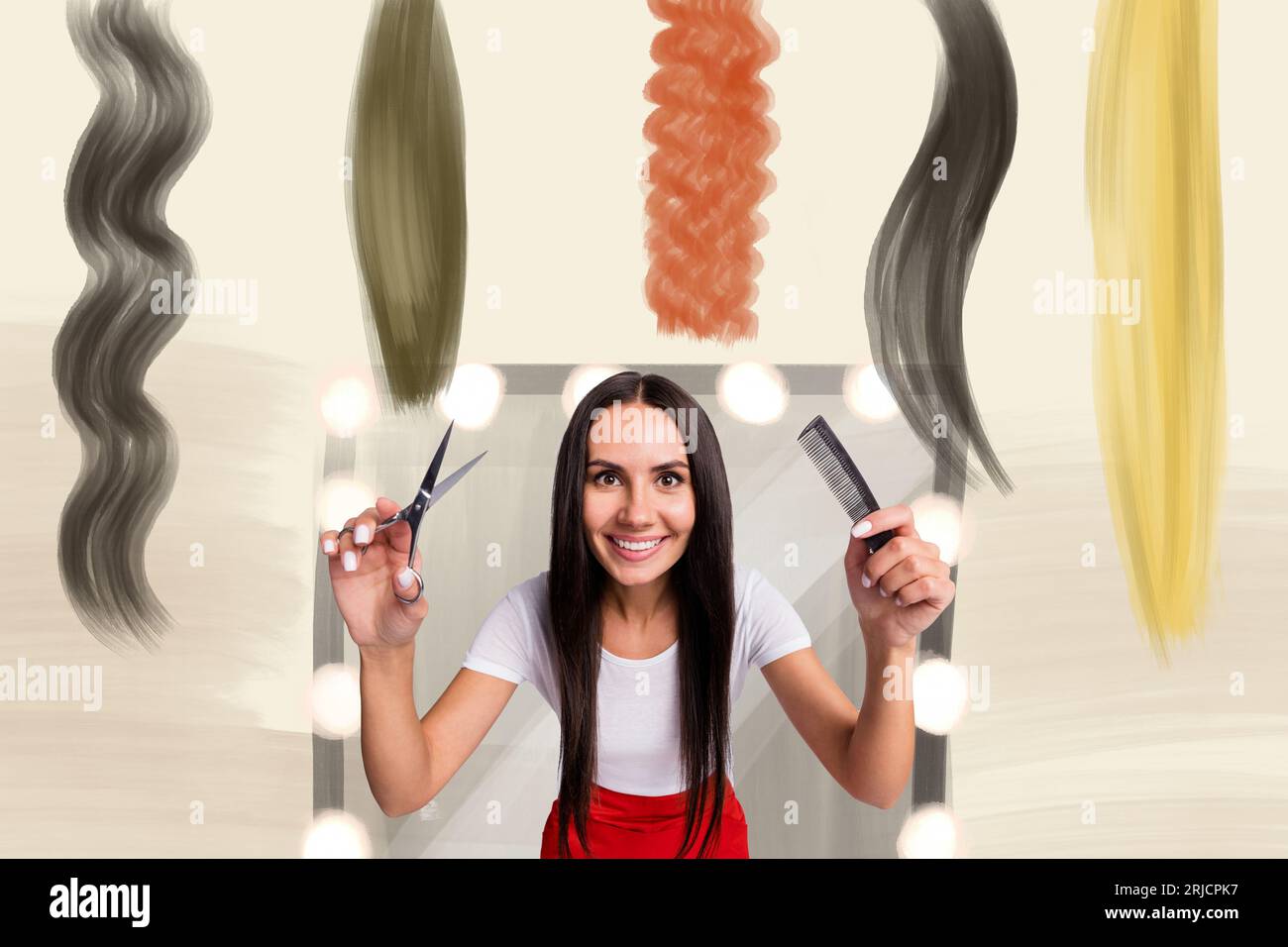 Illustrations collage sketch of hairdresser make stylish haircut with ...