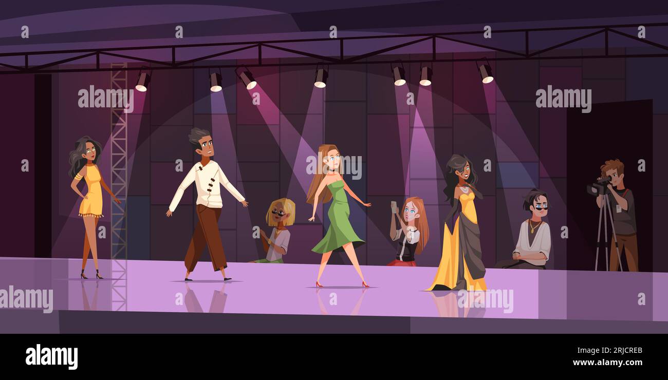 Fashion week show. Cartoon models defile catwalk in fashionable clothes ...