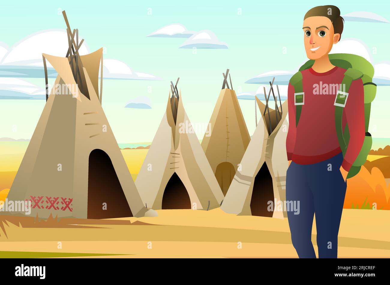 Boy tourist near Indian village with traditional dwellings yurts ...