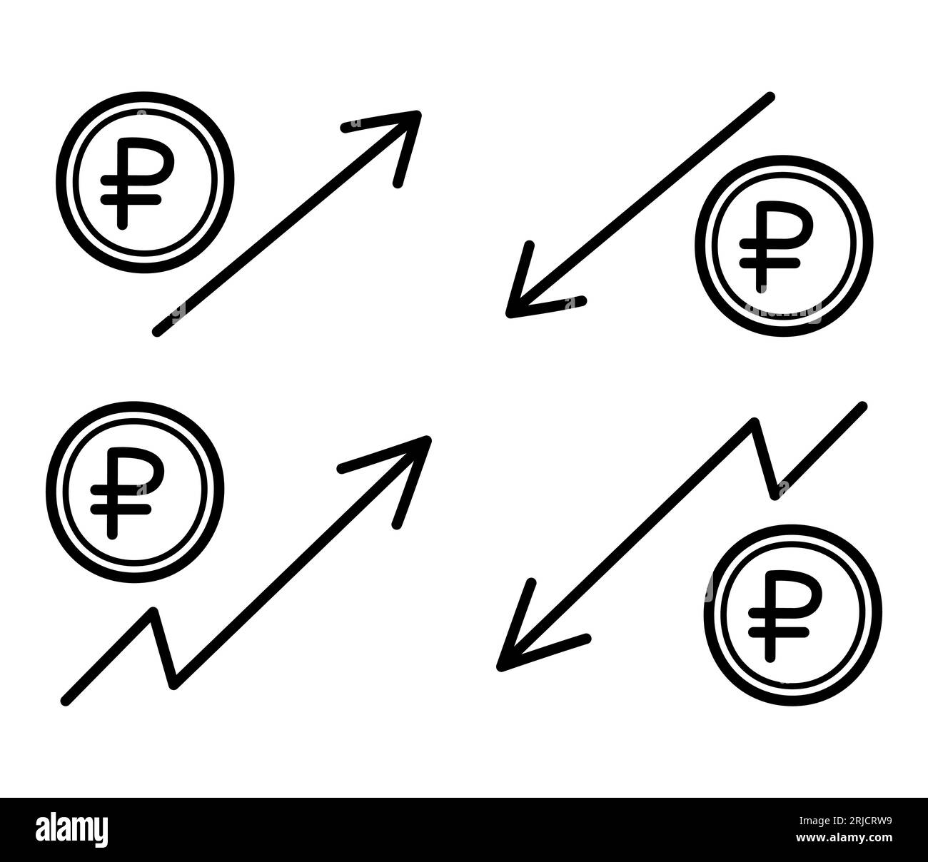 Set of illustrations of the growth and fall of the ruble. Russian ...