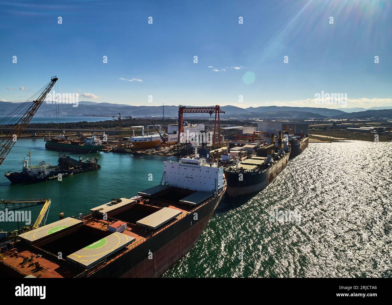 ship with container on shipping port for import export. import export ...