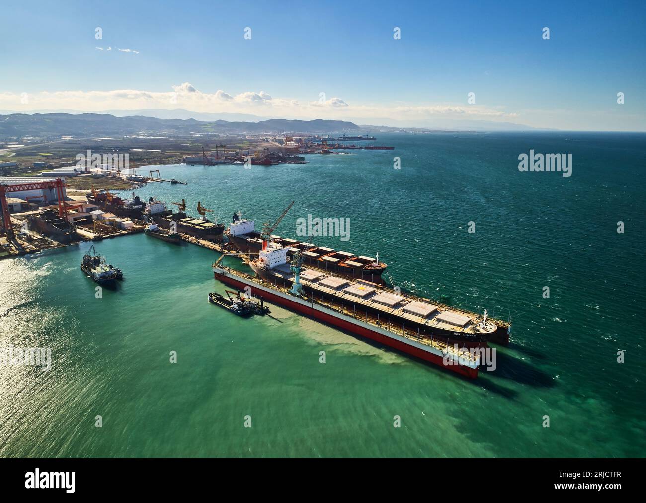 ship with container on shipping port for import export. import export ...