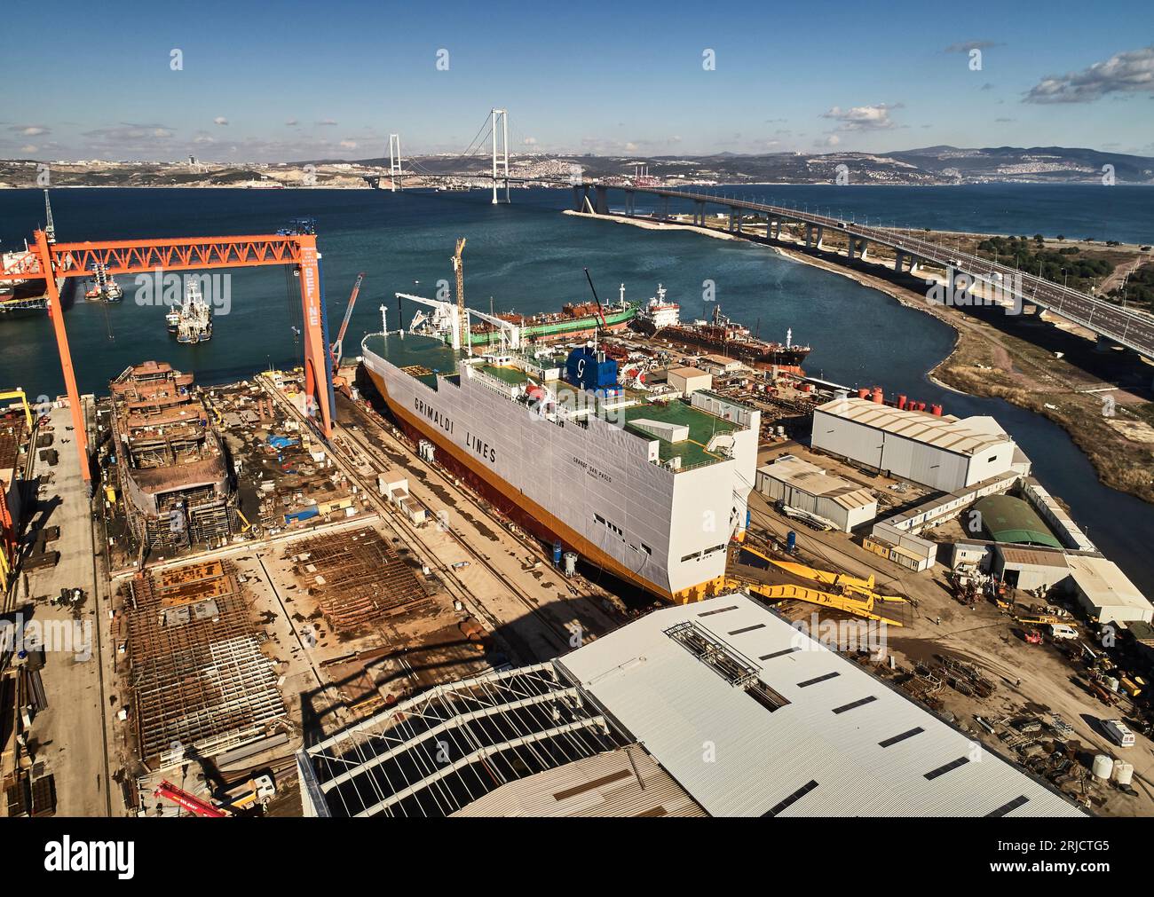 ship with container on shipping port for import export. import export ...