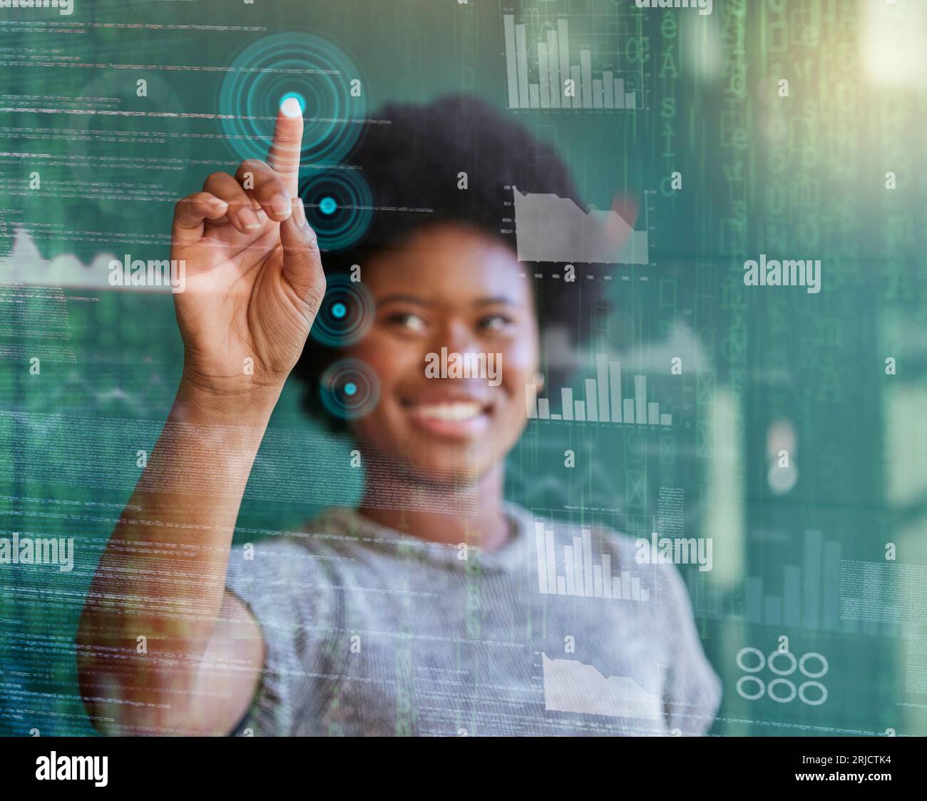 Happy black woman, hand and HUD in UI, UX or data analytics and ...