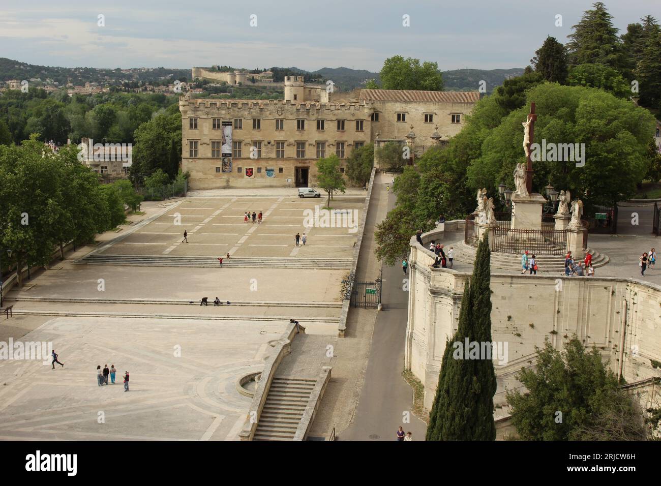 Aerial view of Place du Palais in Avignon in springtime. View of ...