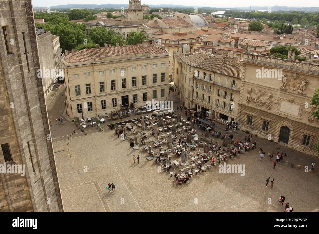 Aerial view of the town square Place du Palais in Avignon in springtime ...