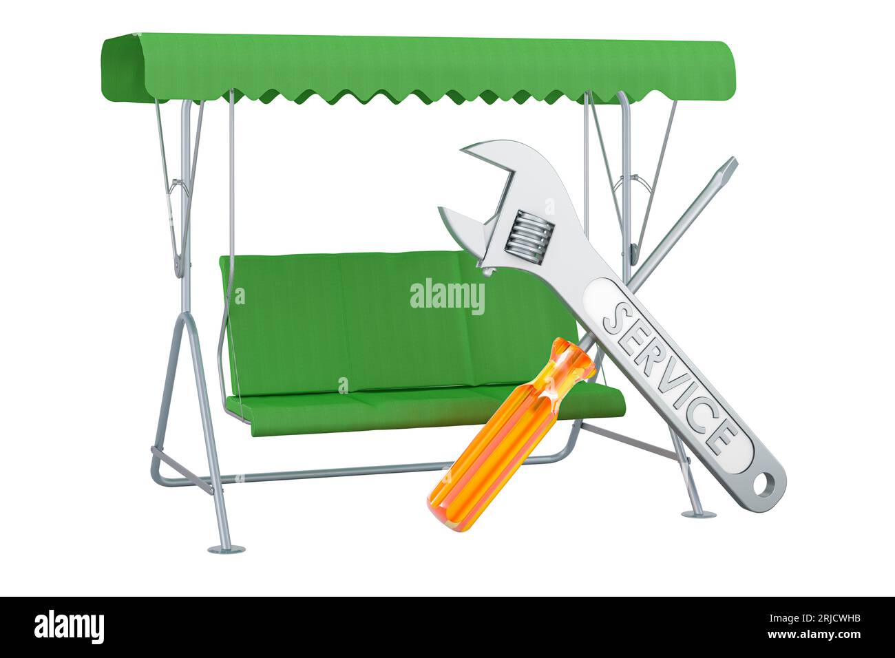 Garden swing with screwdriver and wrench, 3D rendering isolated on ...