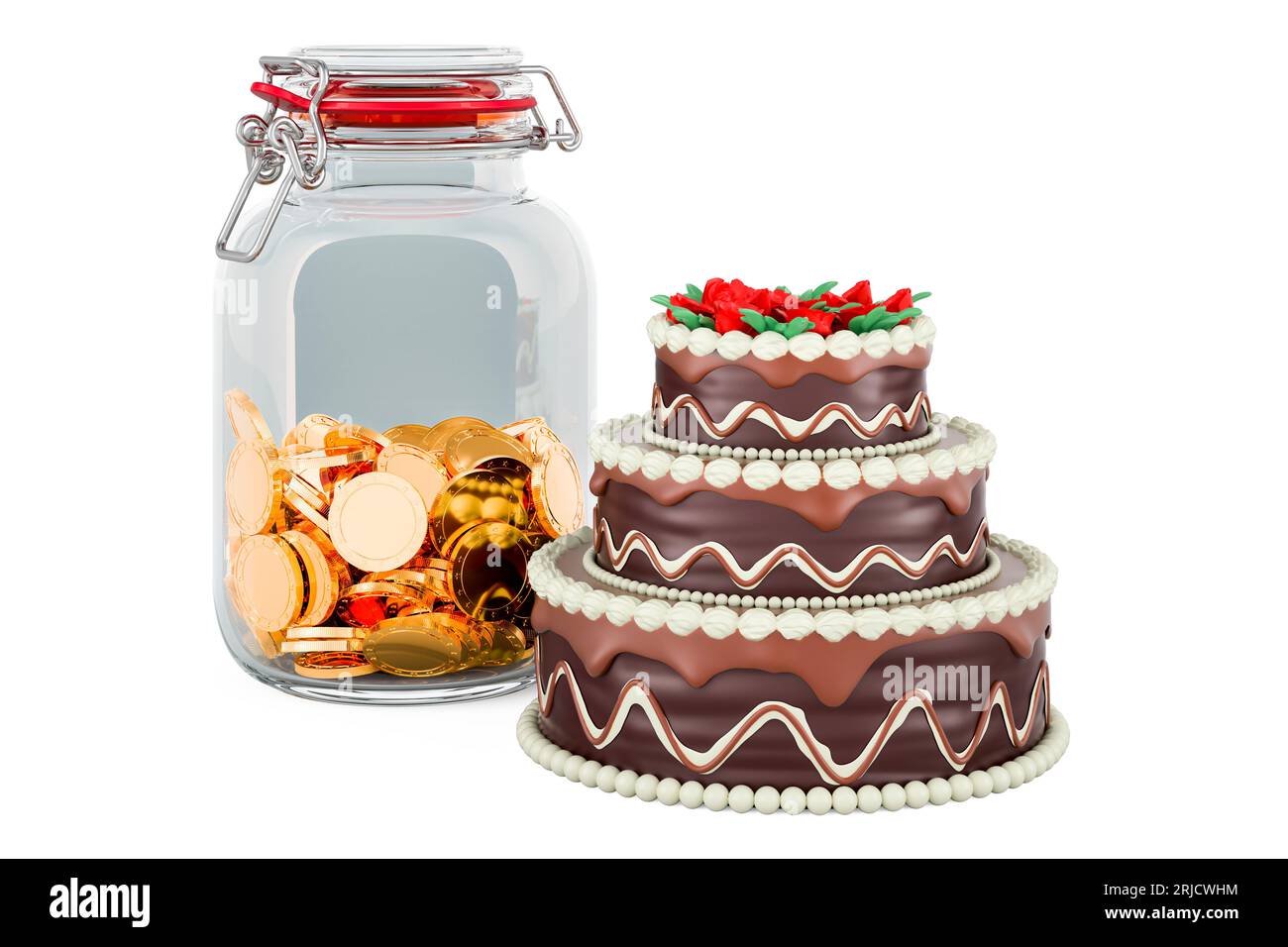 Chocolate Birthday Cake with glass jar full of golden coins, 3D ...