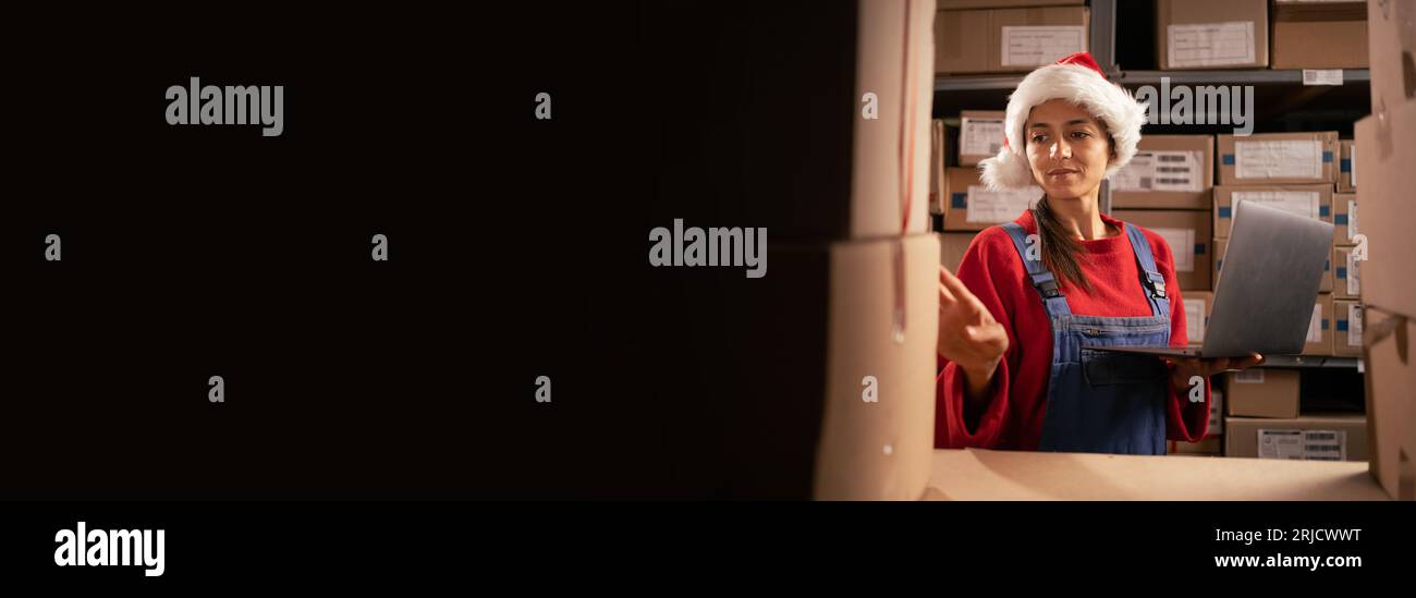 Small business owner wear Santa hat checking stock and inventory with ...