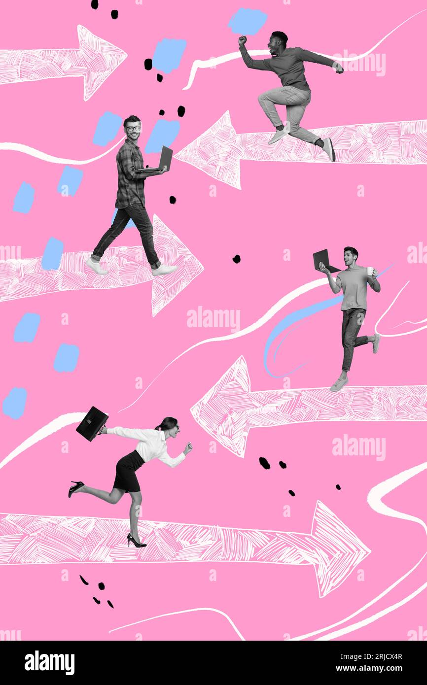 Collage image of cheerful black white colors people team working ...