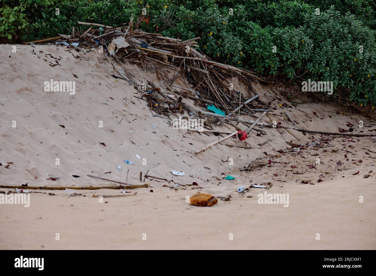 Bottles of plastic and garbage on the sand on the beach near the ocean ...