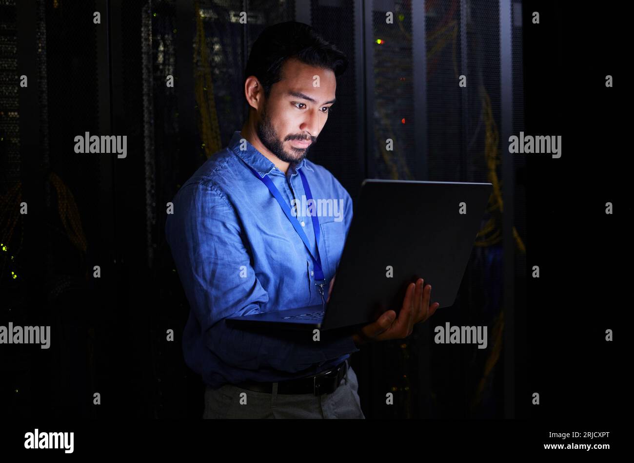 Night, server room or person typing for cybersecurity glitch, machine ...