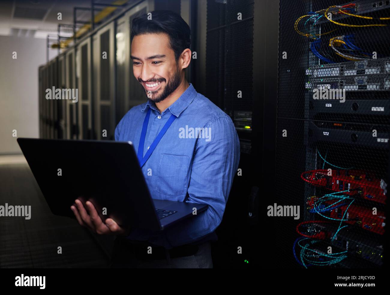 Man, server room and computer for happy programming, system solution ...