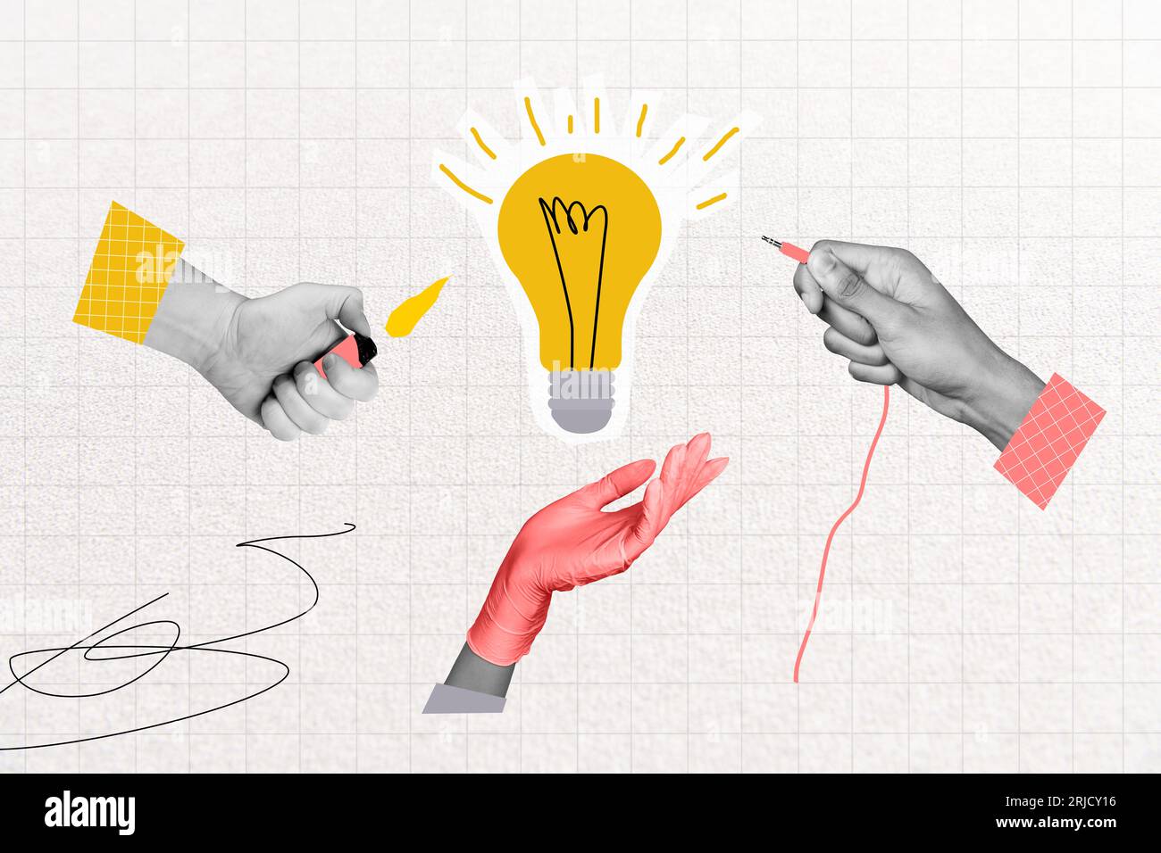 Illustration collage yellow lamp invention lighter hands holding aux ...