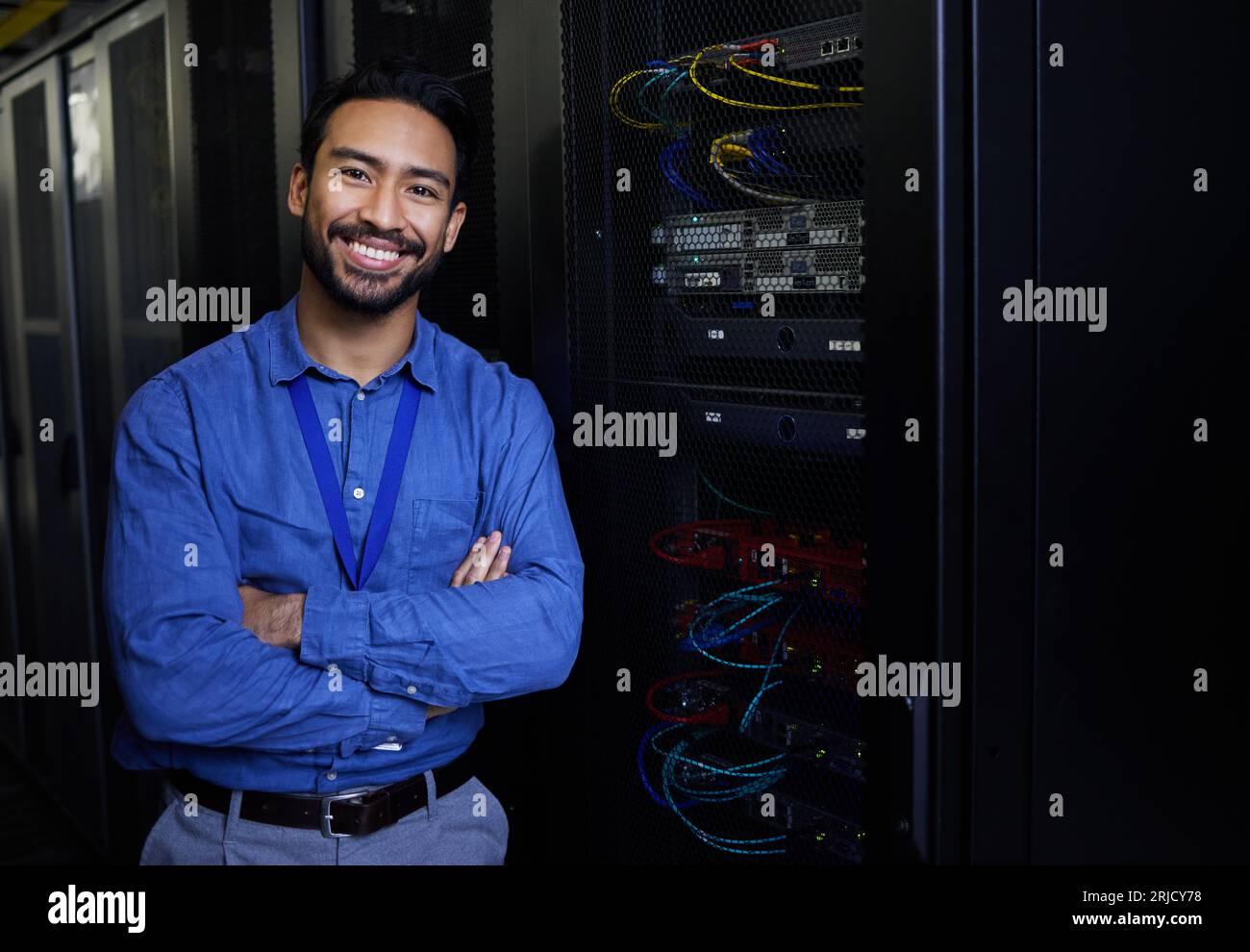 Server room, portrait or happy male developer for online cybersecurity ...