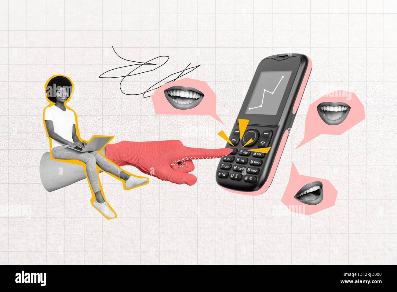 Artwork collage image of positive black white effect girl sit huge arm ...