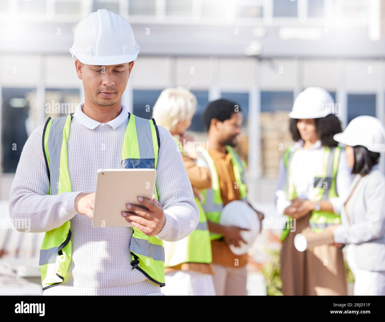 Man, architecture and tablet, inspection at construction site with ...