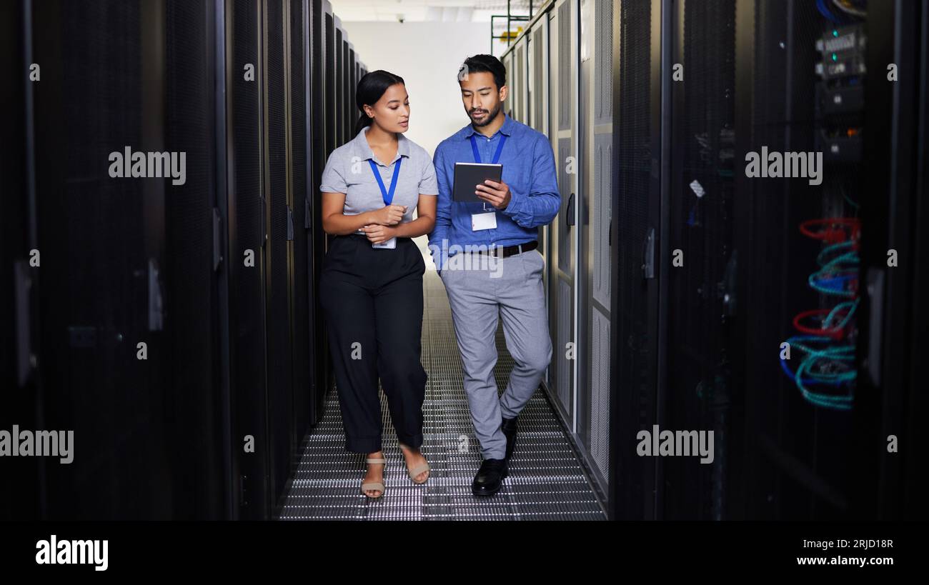 People, server room and teamwork on tablet, cybersecurity, engineering and programming or coding ...