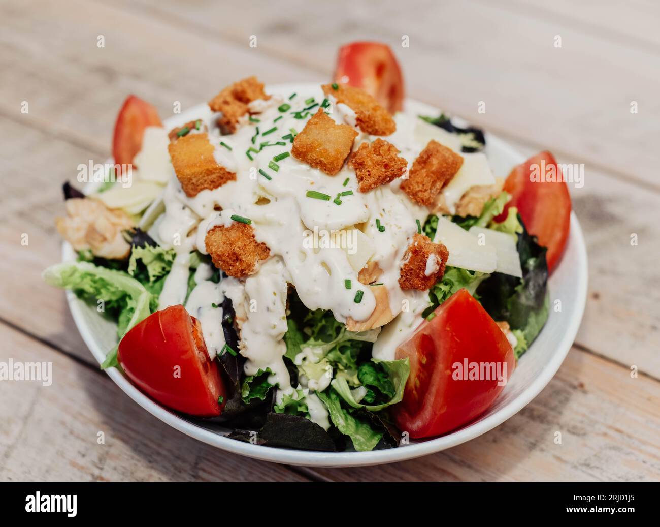 Gourmet plate of Caesar salad with chicken, parmesan, and crusty bread ...