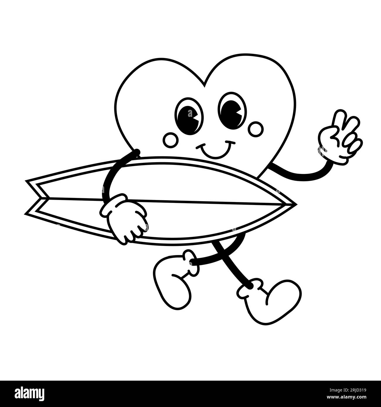 Vector retro groovy cartoon outline heart with surf board isolated on ...