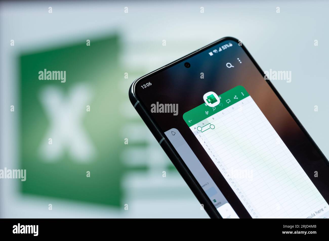 New York, USA - August 20, 2023: Using Microsoft office excel service mobile app on smartphone ...