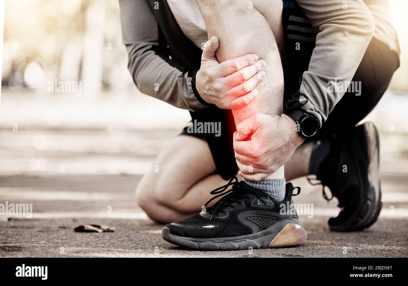 Joint pain, legs and running, fitness and red overlay, injury with ...