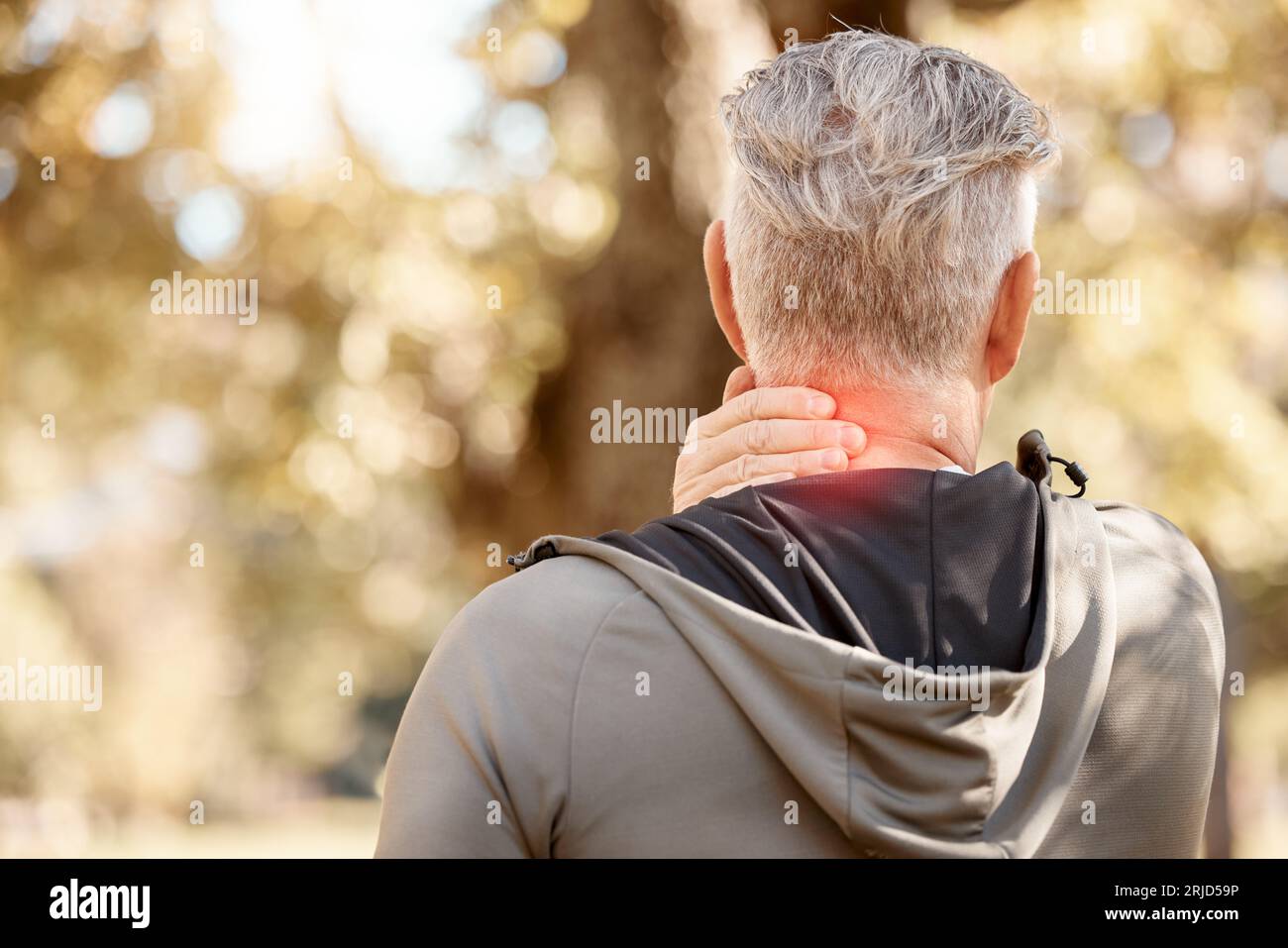 Man with neck pain, injury with fitness and red overlay, back and ...