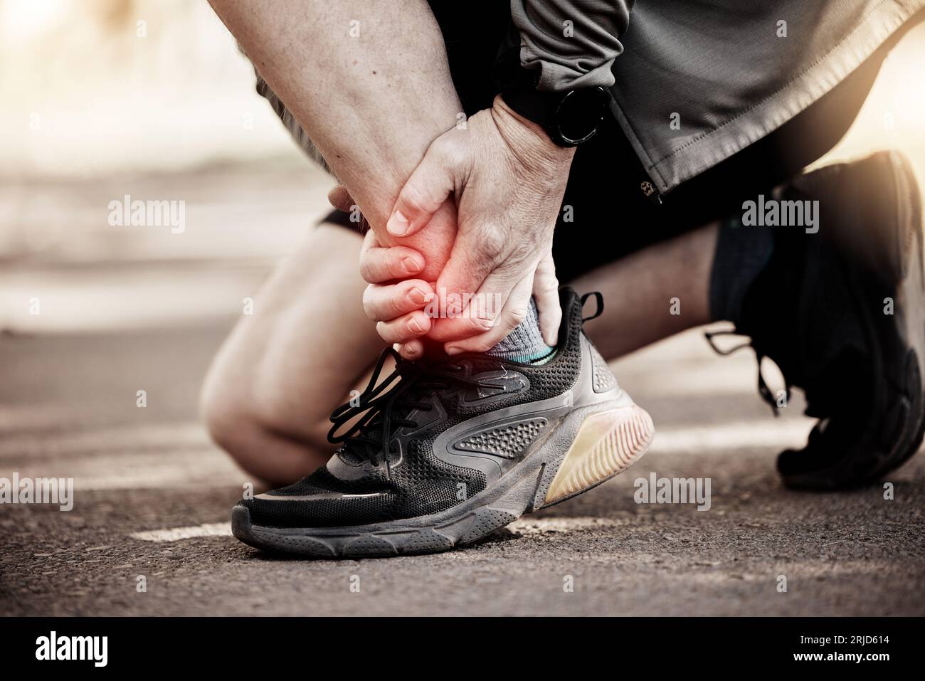 Ankle pain, feet and running, fitness and red overlay, injury with ...