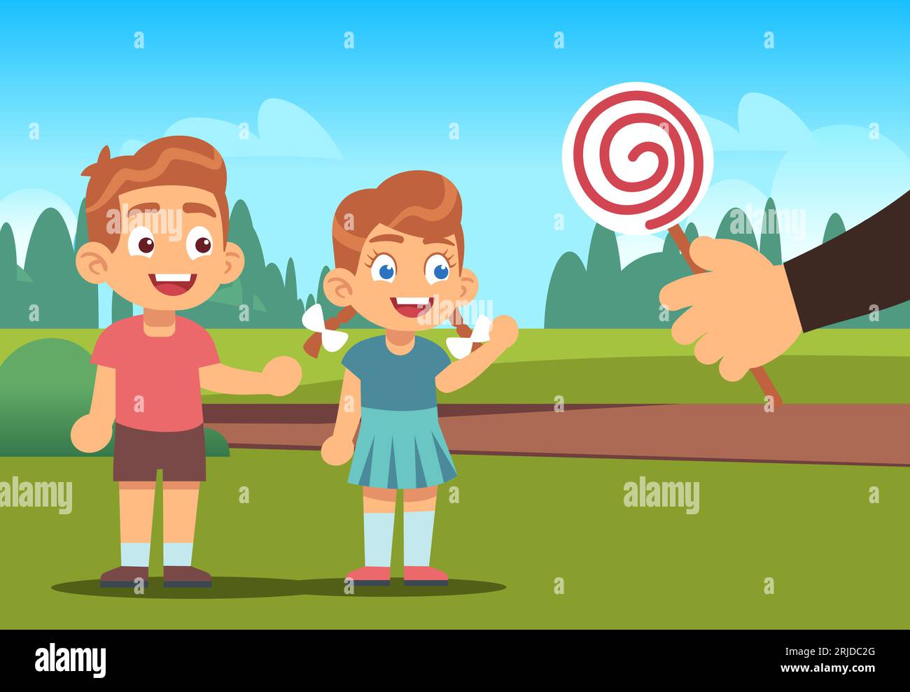 Large male hand offers big ladynette to two children in city park ...