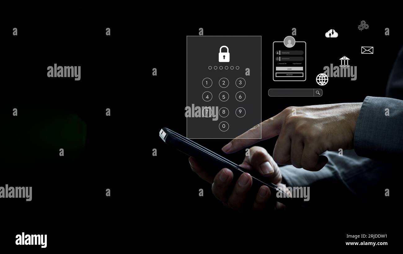 Man Using Virtual Screen to Enter Unlock Code on Mobile Device ...