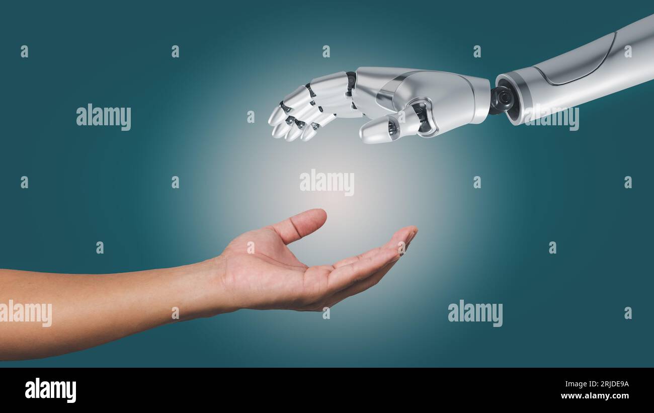 artificial intelligence AI hand robot white 3d rendering and hand ...